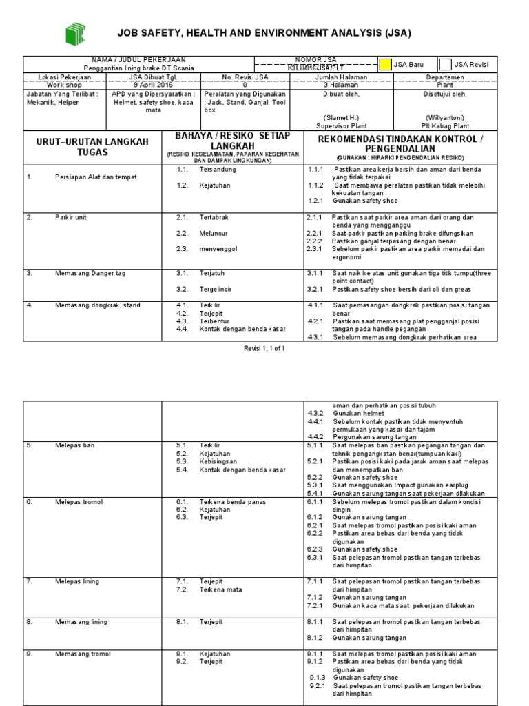 JSA-016 Mengganti Lining Brake | PDF