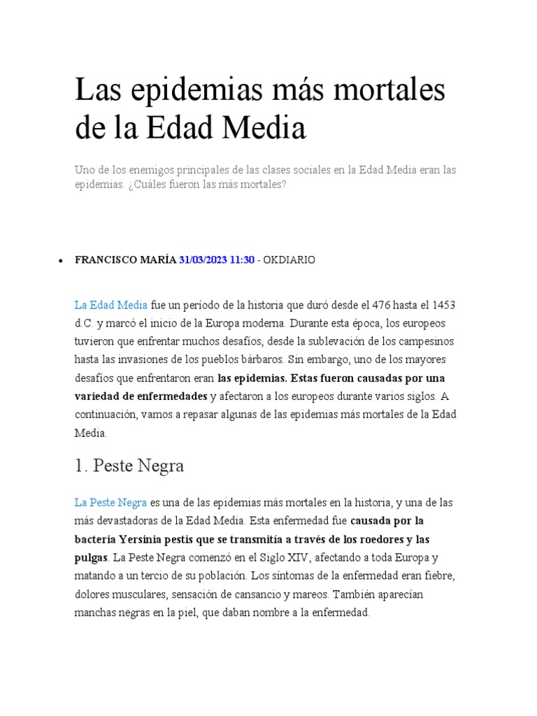 Las Epidemias Más Mortales De La Edad Media Pdf Muerte Negra