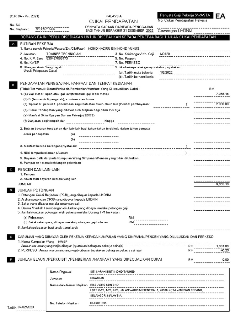 PR Tax BorangEA-2022-BM Report (100) PDF | PDF