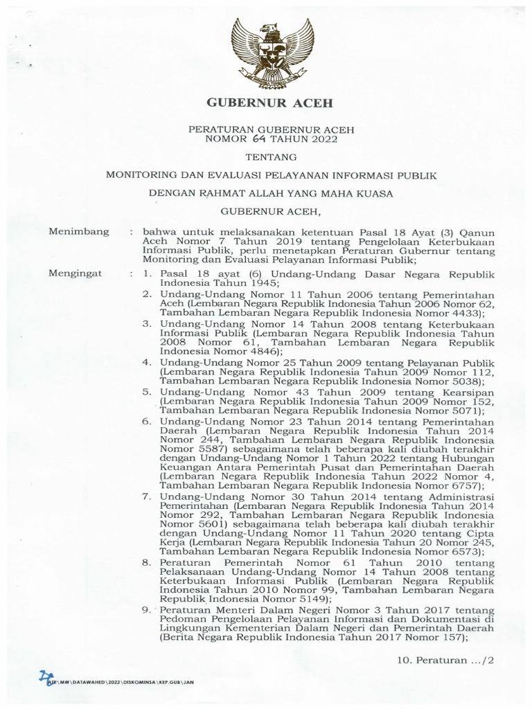 Pergub 64 THN 2022 TTG Monev Pelayanan Informasi PDF | PDF Pergub 64 THN 2022 TTG Monev Pelayanan Informasi PDF | PDF