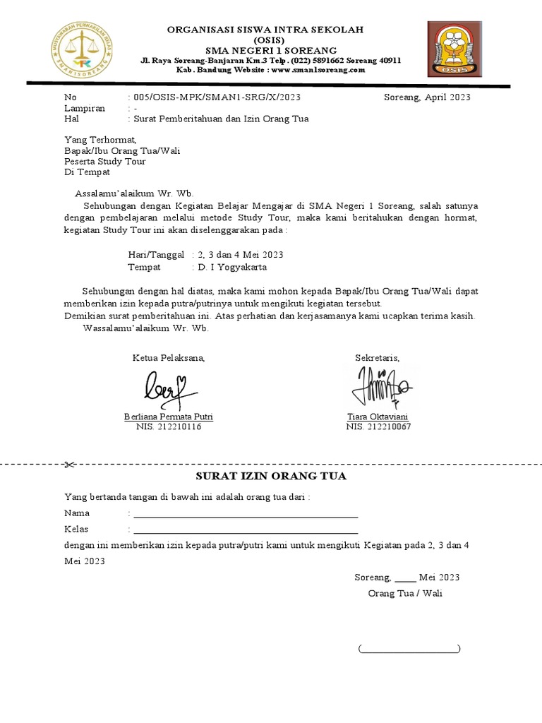 Surat Izin Orang Tua Study Tour (1) | PDF