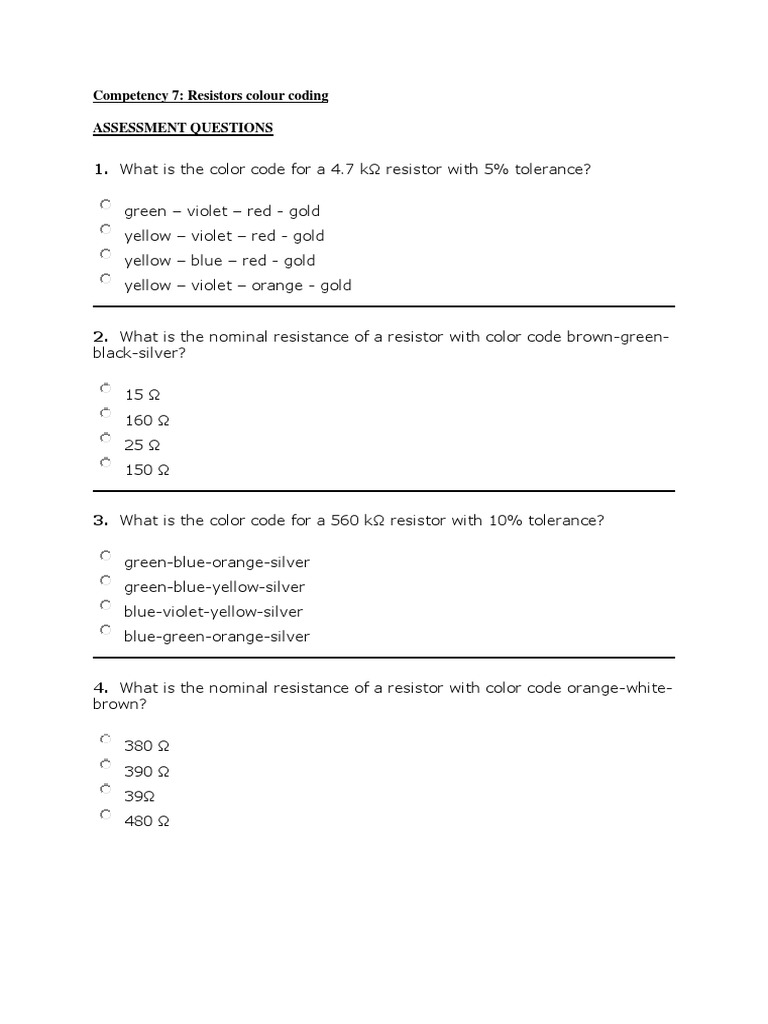 Resistor Color Coding Assessment Questions | PDF | Resistor | Physical ...