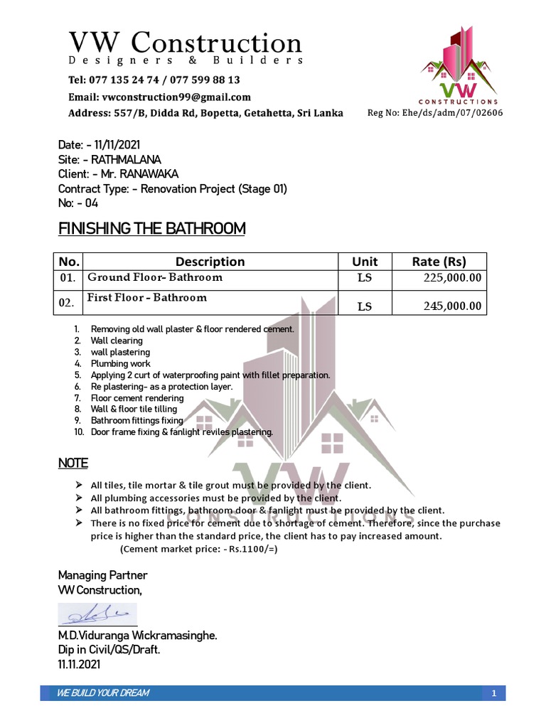 Renovation of Bathrooms at Rathmalana Property Including Wall and Floor Tiling, Plumbing Works ...