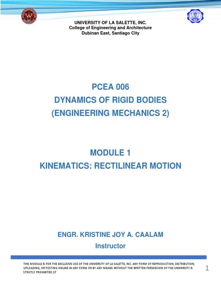 PCEA 006 - Module 1 - Kinematics (Rectilinear Motion) | PDF | Velocity | Kinematics