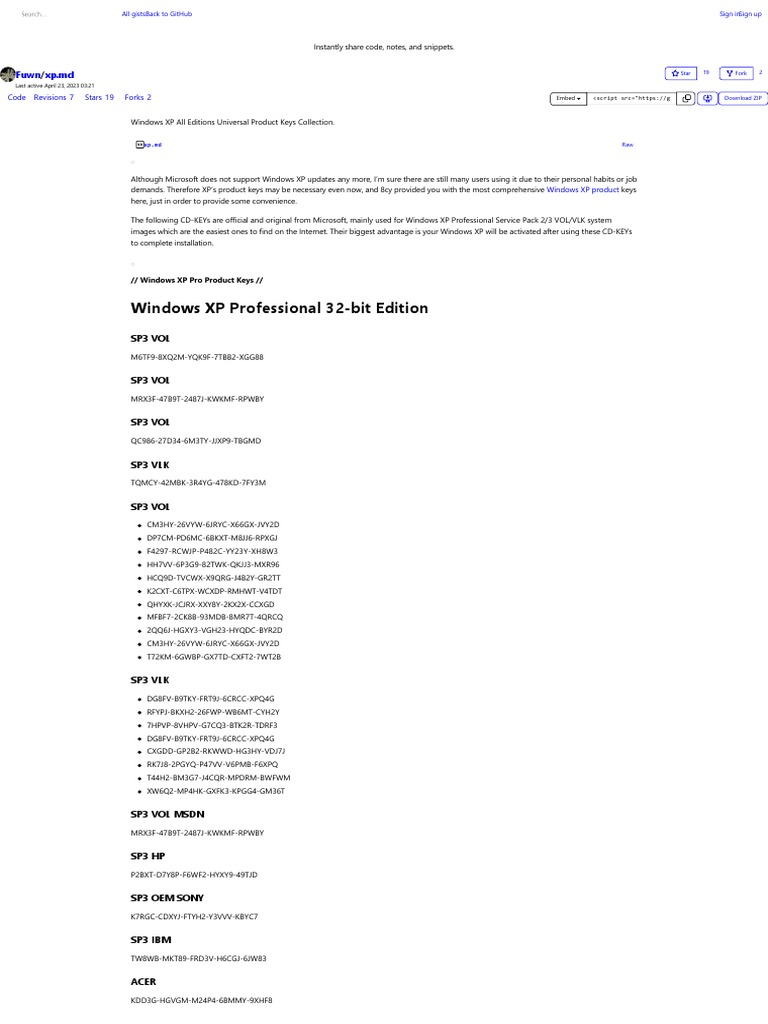 windows xp all editions universal product keys collection. · github | PDF