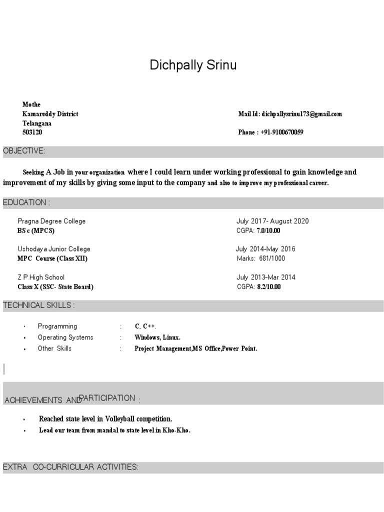 Dichpally Srinu Resume | PDF | Cognition | Cognitive Psychology