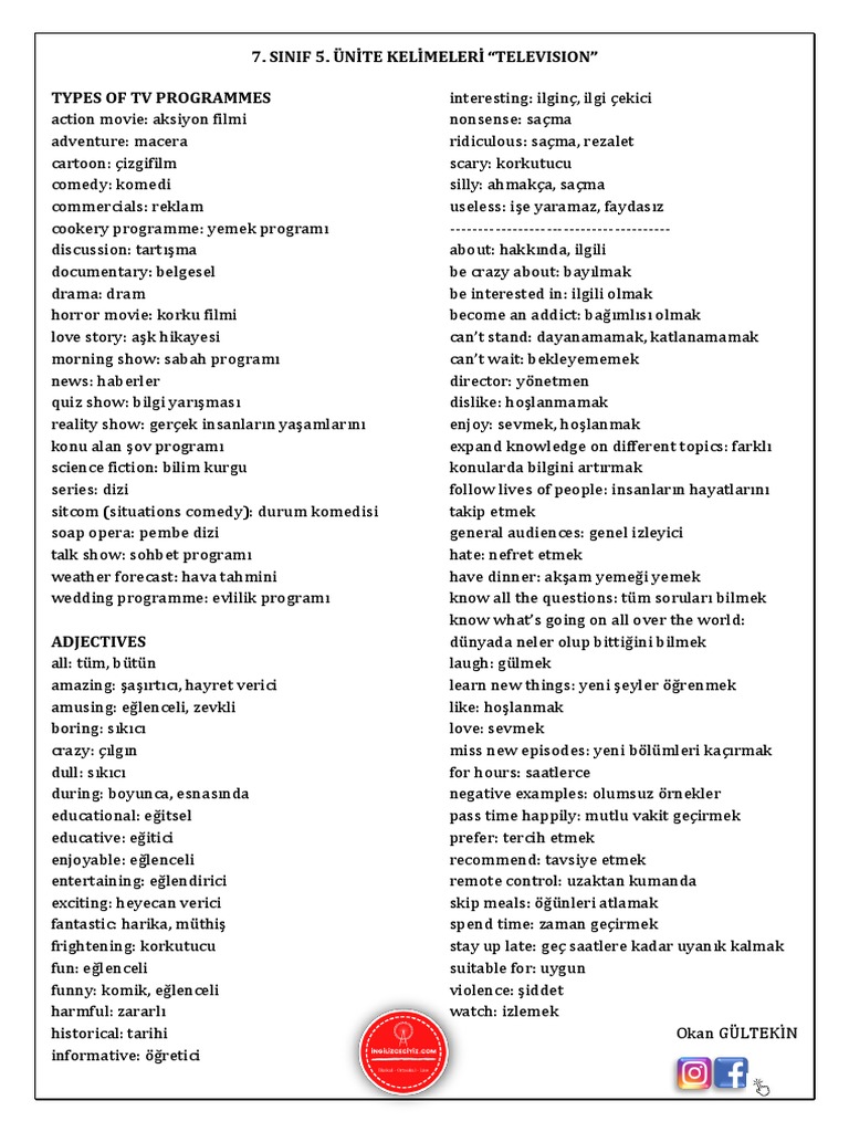 Sinif Ingilizce 5. Unite Kelimeleri by Ingilizceciyiz | PDF