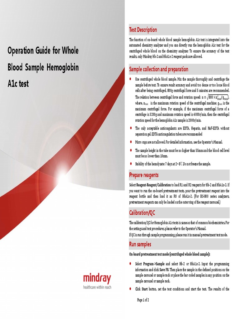 Operation Guide For Whole Blood Sample Hemoglobin A1c Test - V1.0 - EN ...