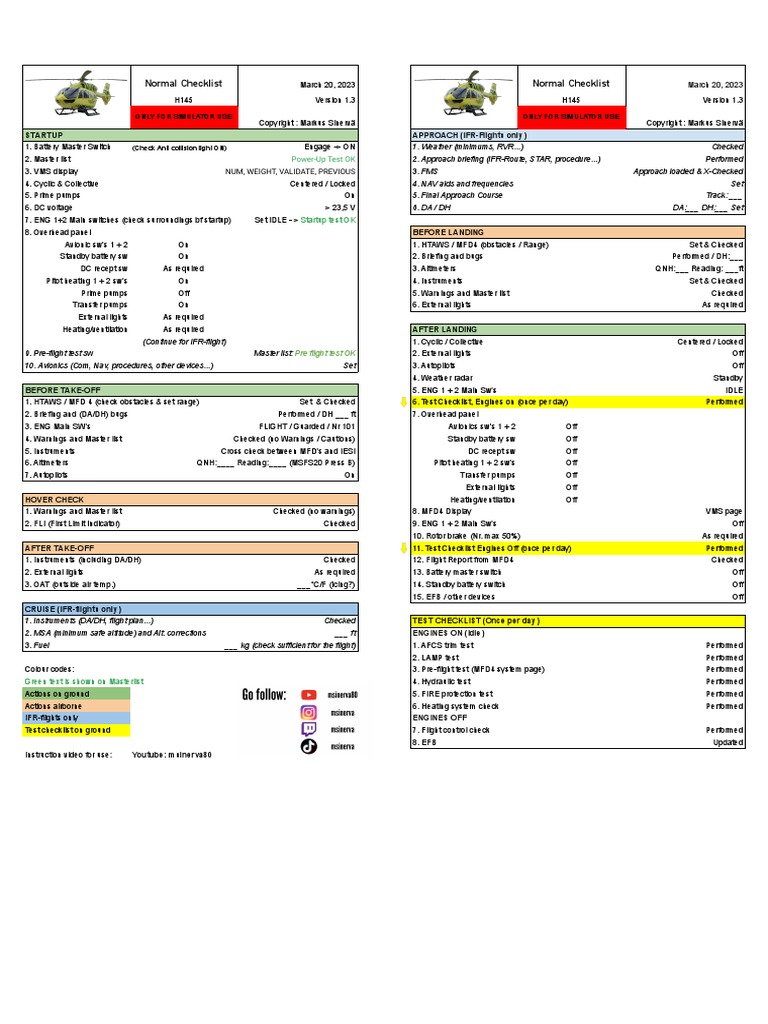H145 Normal Checklist 1.3 | PDF | Avionics | Aviation
