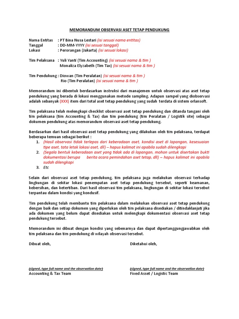 Memorandum Observasi Aset Tetap Pendukung | PDF | Pengelolaan Keuangan ...