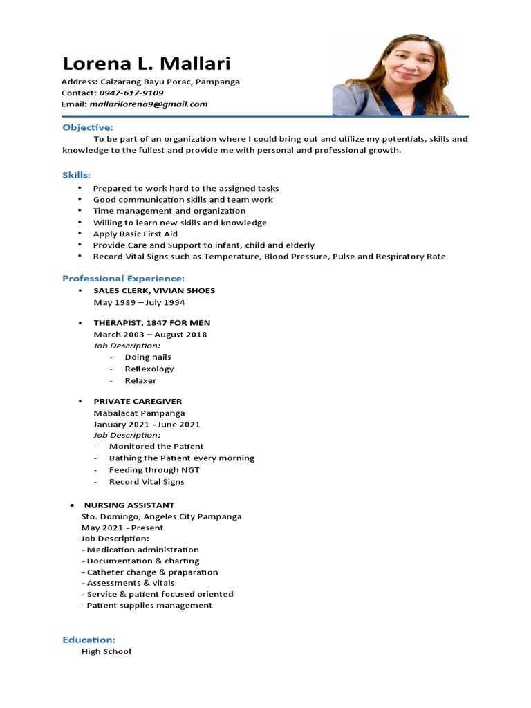 Lorena Mallari CV | Download Free PDF | Caregiver | First Aid