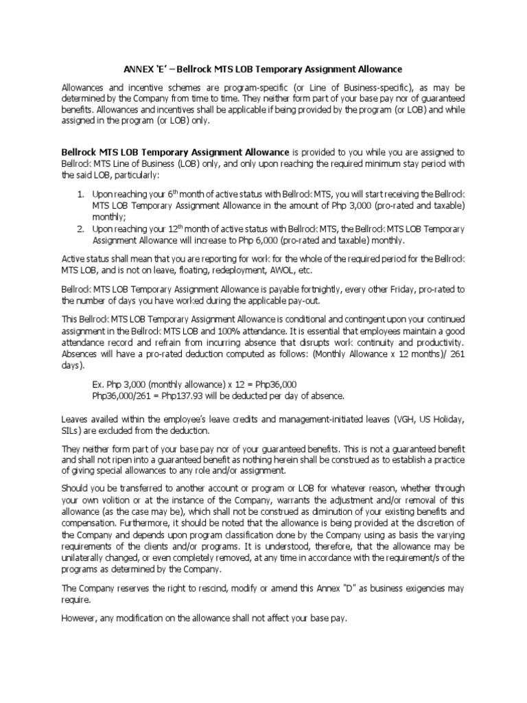 Bellrock MTS LOB Temporary Assignment Allowance | PDF | Private Law | Taxes