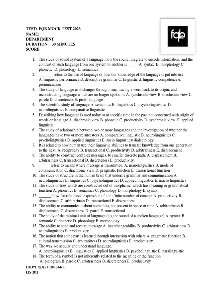 Old ELS 101 Test | PDF | Language Arts & Discipline