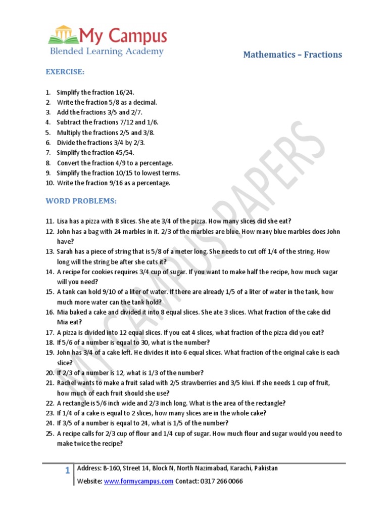 MyCampus Maths Fractions | PDF | Odds | Cakes