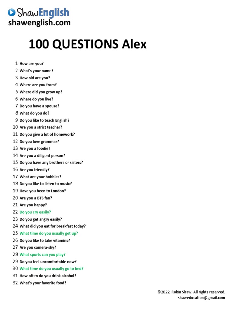 100 Common English Questions ALEX PDF | PDF