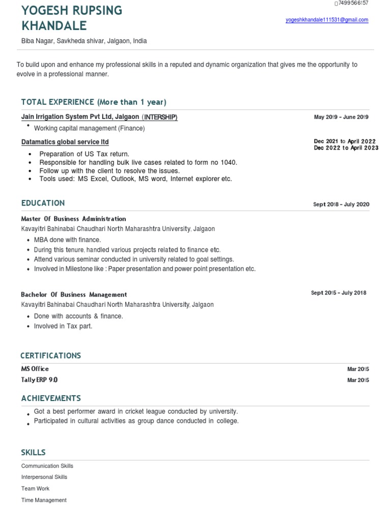 Yogesh Khandale MBA Resume | PDF | Business