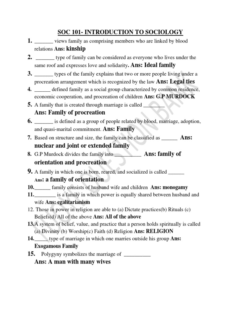 Fqb Soc 101 Mcq Pdf Family Marriage