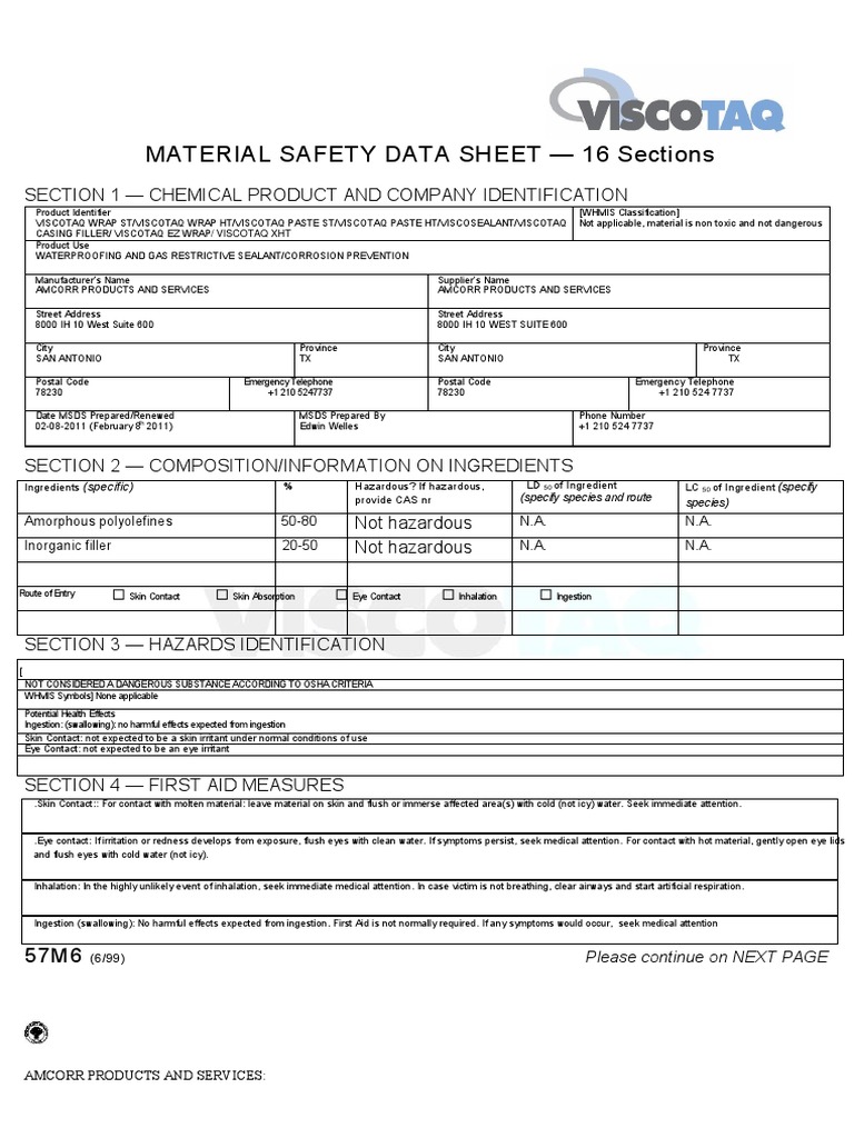 MSDS Viscotaq PDF | PDF | Toxicity | Personal Protective Equipment