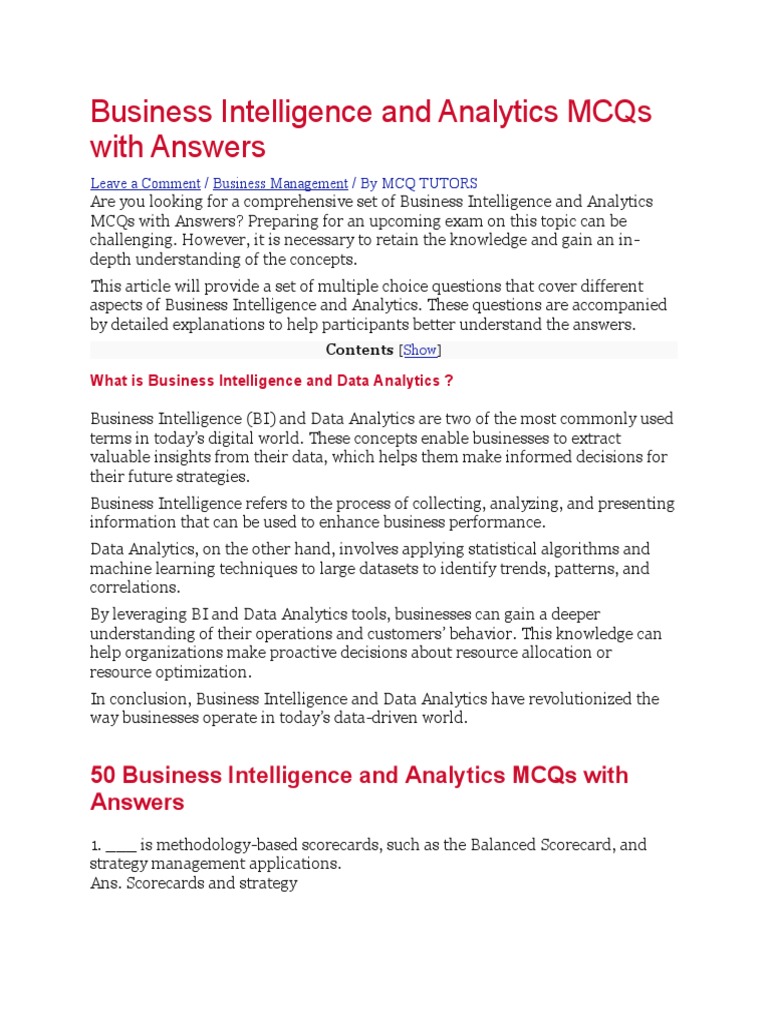 Business Intelligence and Analytics MCQs With Answers | PDF
