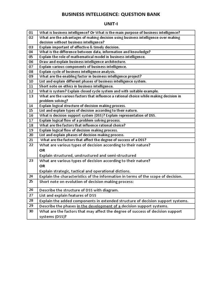 Business Intelligence Question Bank Guide | PDF | Business Intelligence ...