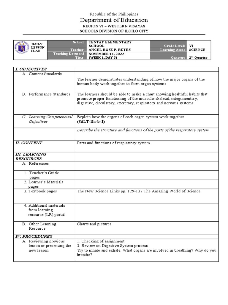 Lesson Plan Science 6 Week 1 Day 5 Pdf Breathing Lung 
