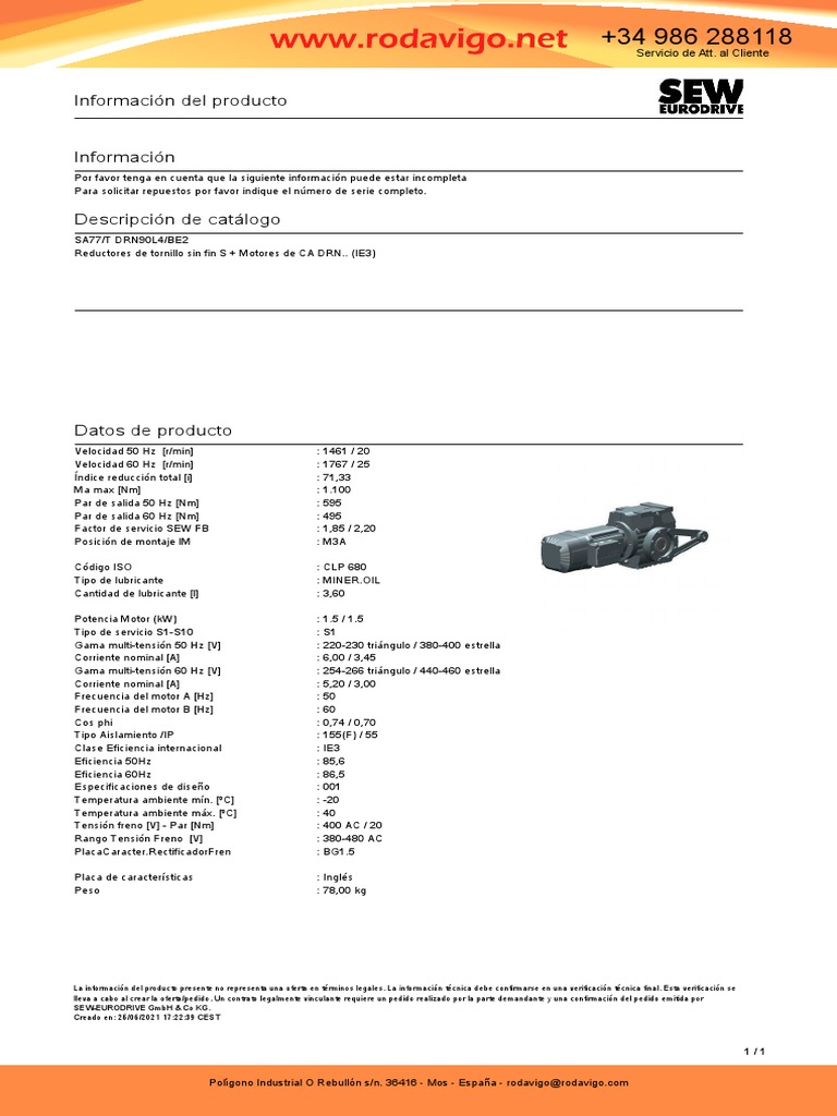 Motorreductor Sa77 T drn90l4 Be2 Sew Eurodrive PDF | PDF | Cantidades fisicas