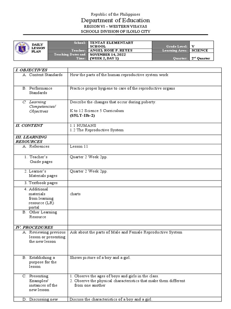 Lesson Plan SCIENCE 5 (WEEK 2, DAY 1) | PDF | Learning | Teachers