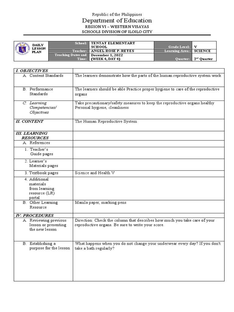 Grade V Science Lesson Plan: Reproductive Health | PDF | Learning | Hygiene