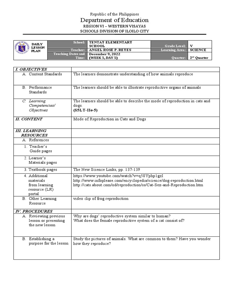 Lesson Plan SCIENCE 5 (WEEK 5, DAY 5) | PDF | Dogs | Cats