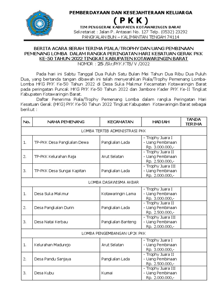 Berita Acara Penetapan Pemenang Lomba PKK 2022 | PDF