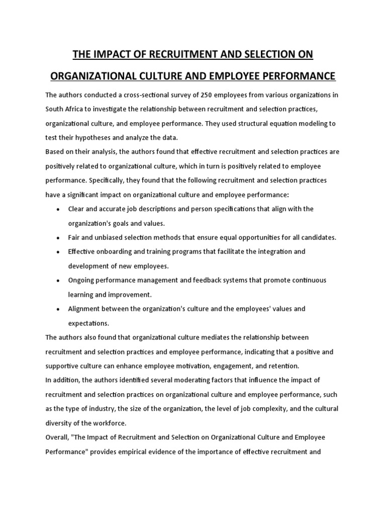 The Impact of Recruitment and Selection On Organizational Culture and ...