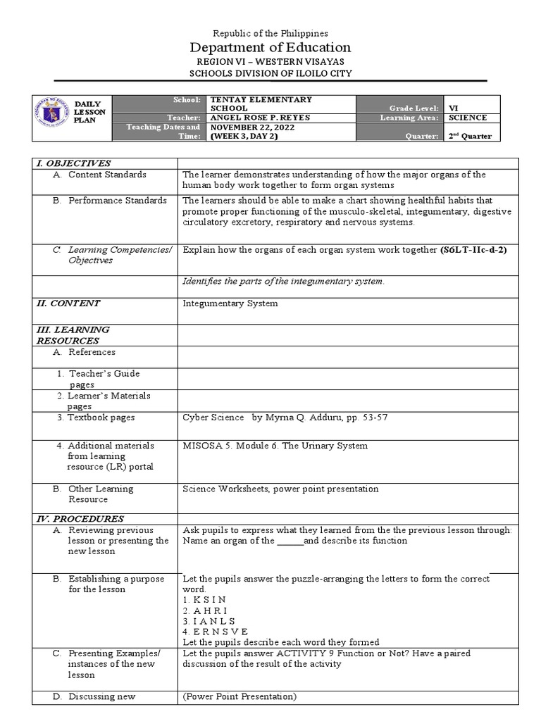 Lesson Plan SCIENCE 6 (WEEK 3, DAY 2) | PDF | Skin | Learning