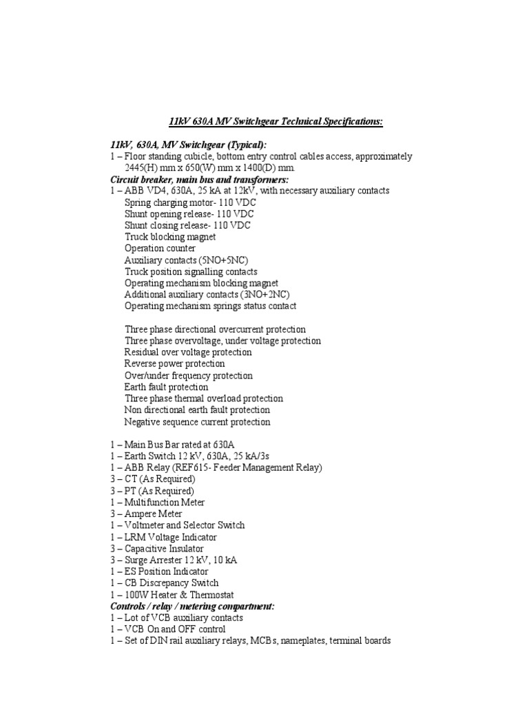 11kV 630A MV Switchgear Specs | PDF