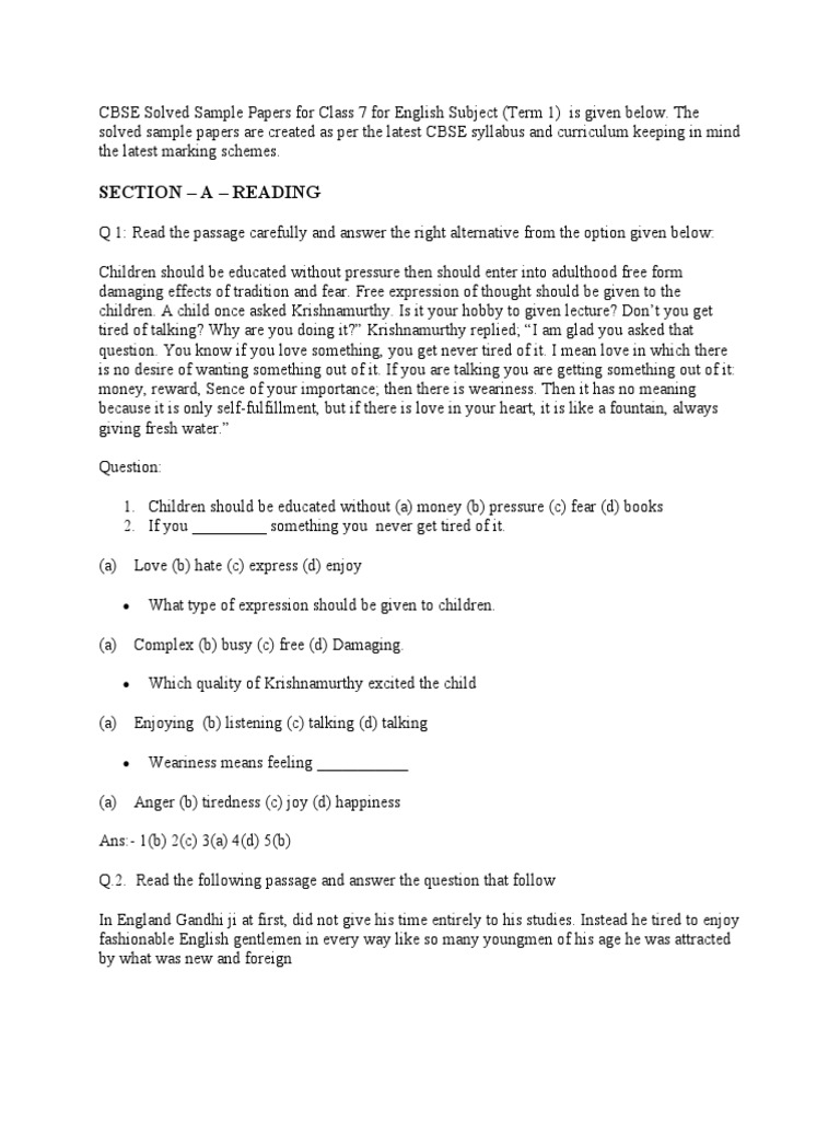 CBSE Solved Sample Papers For Class 7 For English Subject | PDF | Language Arts & Discipline ...