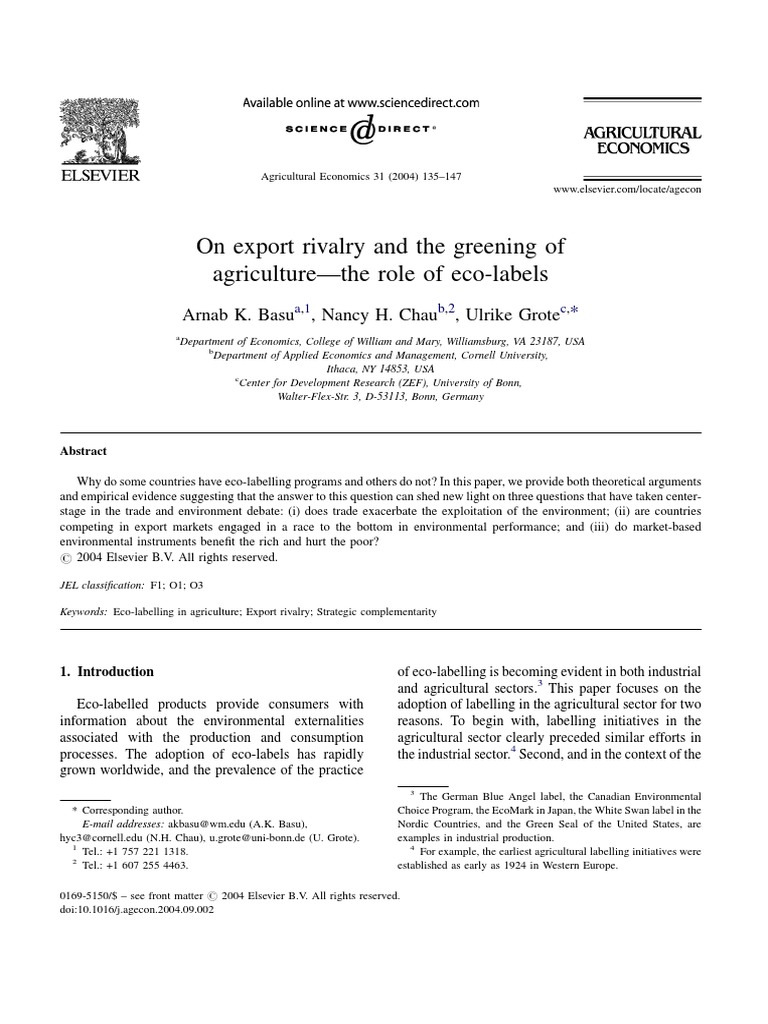 On Export Rivalry and The Greening of Agriculture-The Role of Eco-Labels | Download Free PDF ...