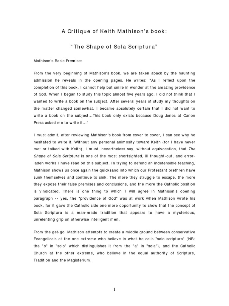 A Critique of Keith Mathison's book, The Shape of Sola Scriptura | PDF ...