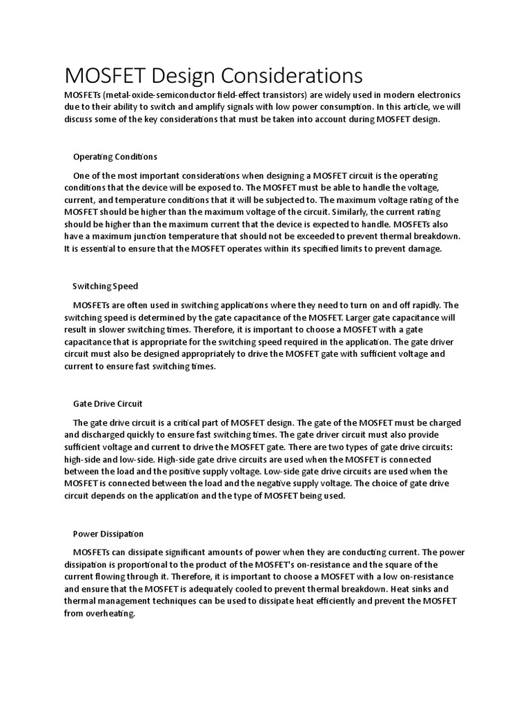 MOSFET Design Considerations | PDF | Mosfet | Field Effect Transistor