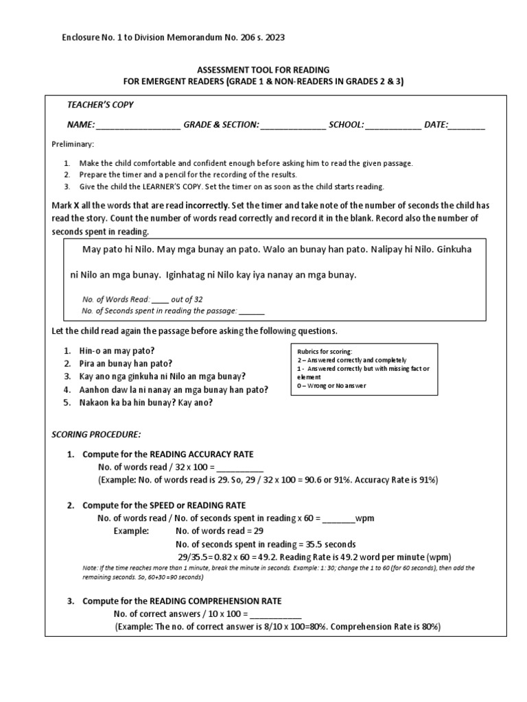 Assessment Tool for Measuring Reading Proficiency in Emergent and ...
