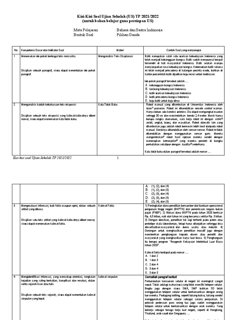 Kisi Soal US Bindo | PDF