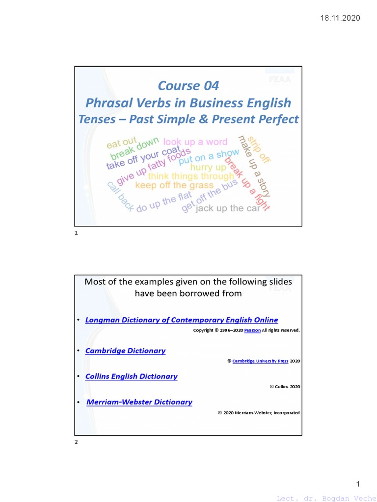 Course 4 - Phrasal Verbs in Business English. Tenses PDF | PDF | Verb | Linguistic Morphology
