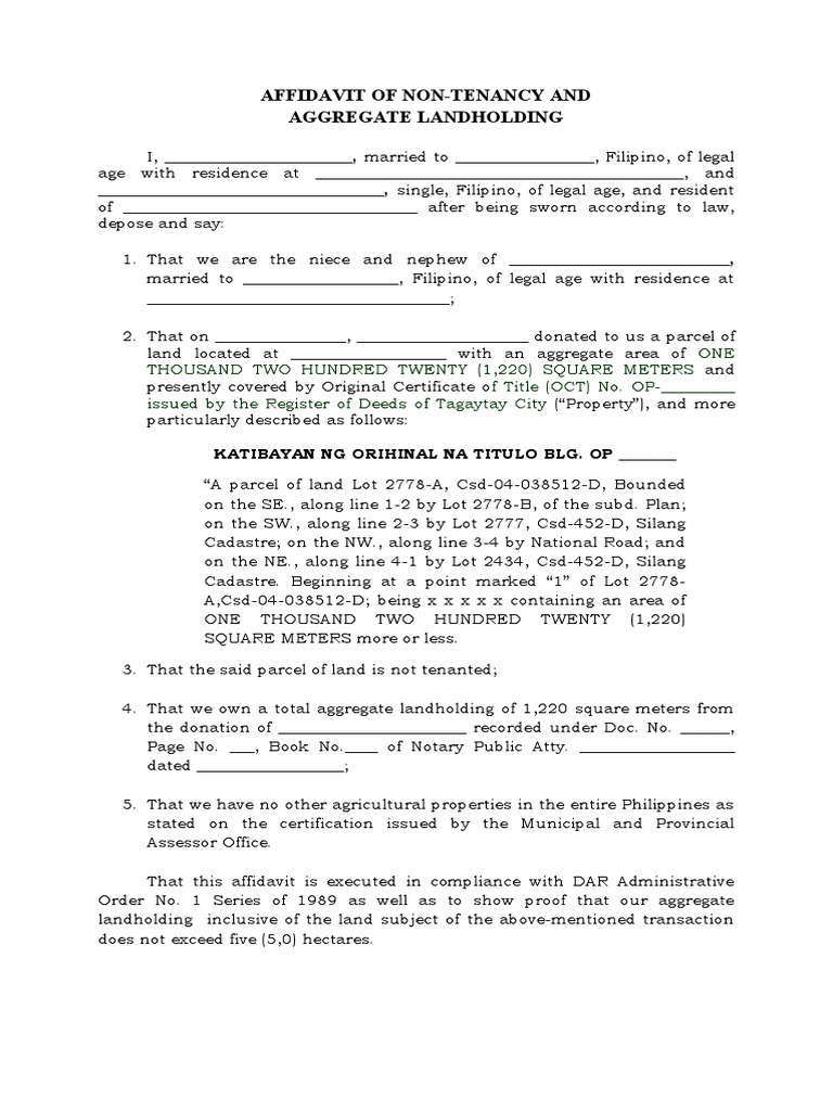 AFFIDAVIT OF Aggregate Landholdings | Download Free PDF | Civil Law (Common Law) | Legal Documents