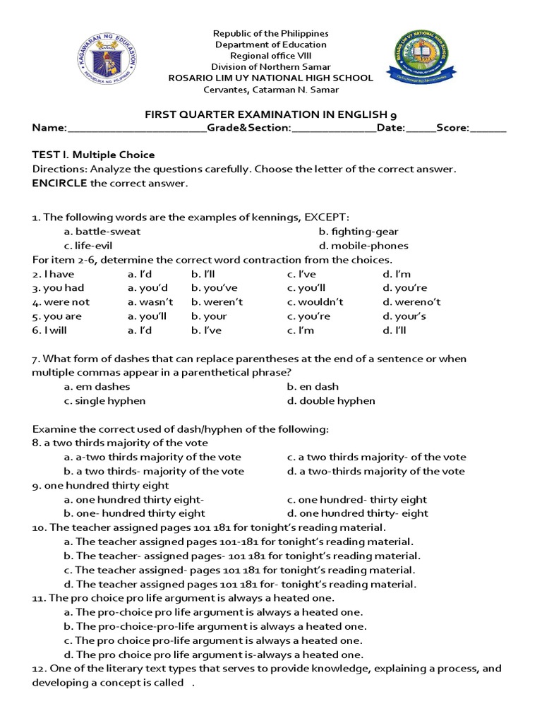 1st Quarter Exam English 9 | PDF | Beowulf