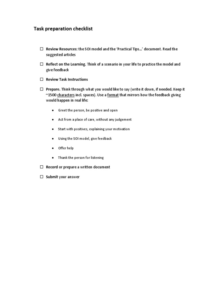 Task Preparation Checklist Feedback Giving v2 PDF | PDF | Career & Growth