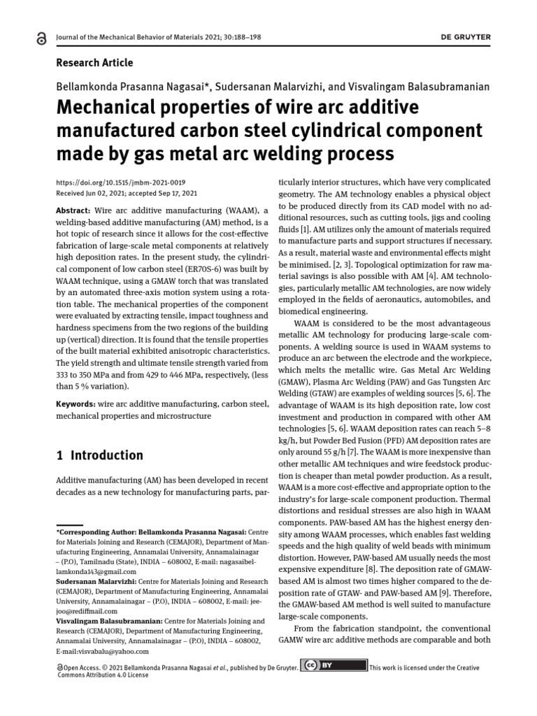 Mechanical Properties of Wire Arc Additive Manufactured Carbon Steel Cylindrical Component Made ...