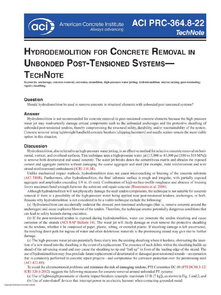 ACI PRC-364.8-22: Hydrodemolition For Concrete Removal in Unbonded Post ...