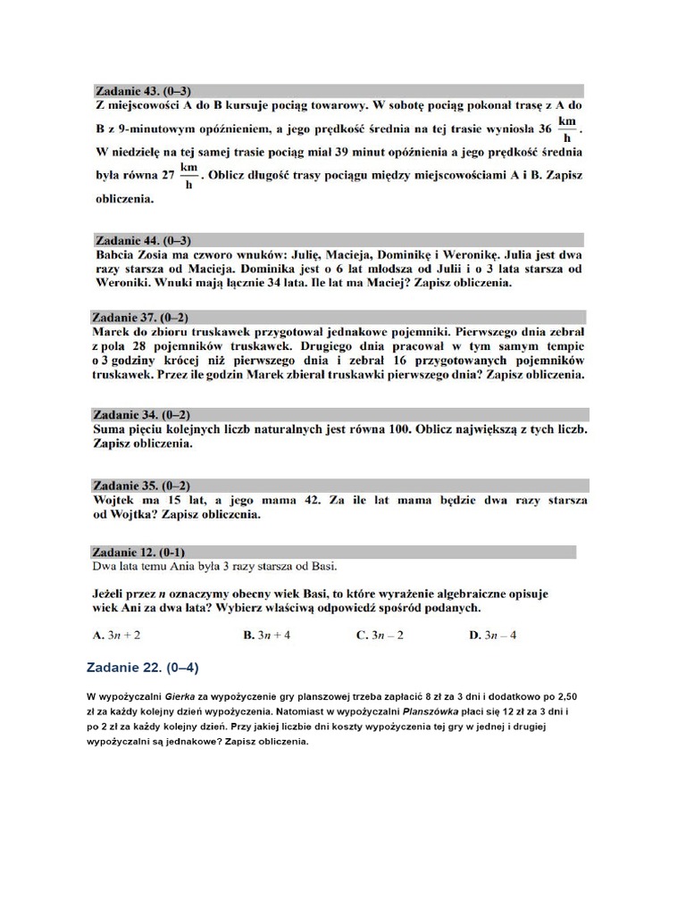 Zadania Tekstowe I Wyrażenia Algebraiczne | PDF