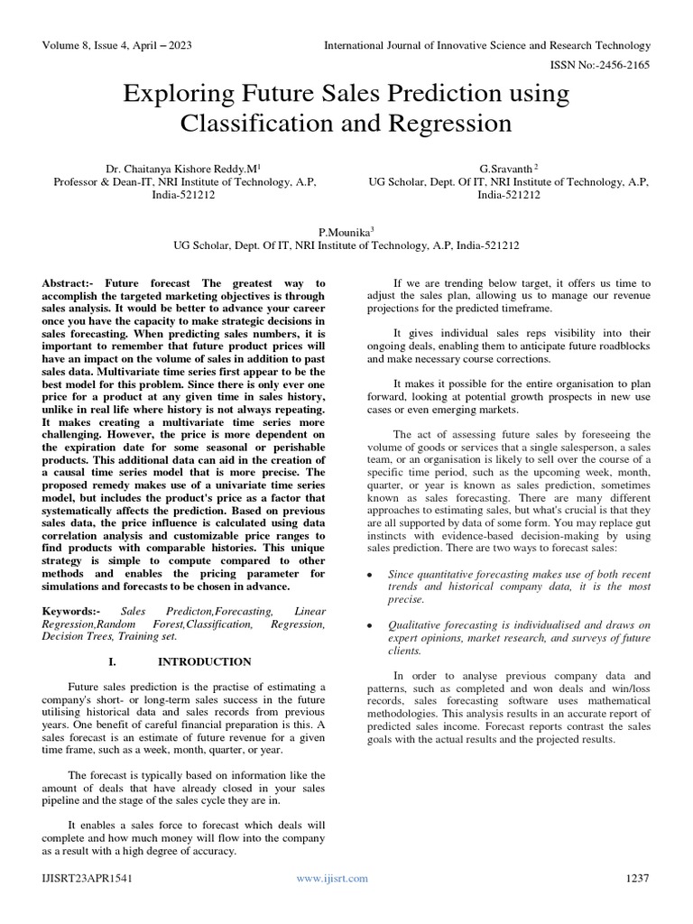 Exploring Future Sales Prediction using Classification and Regression ...