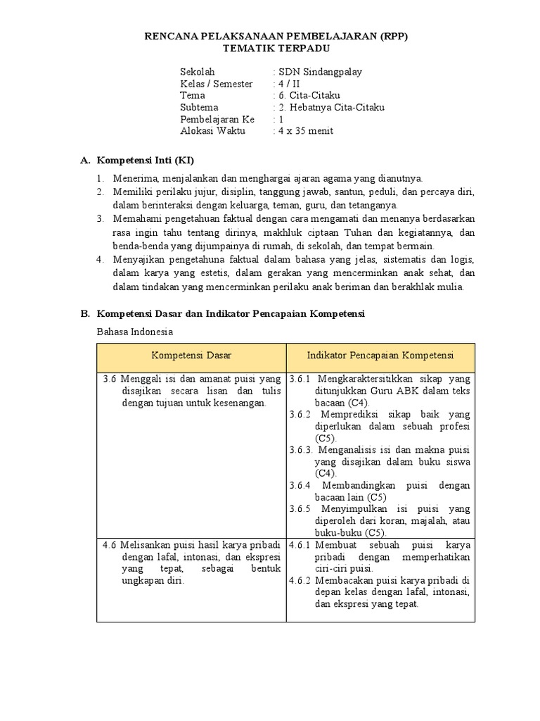 Rencana Pelaksanaan Pembelajaran (RPP) Tematik Terpadu | PDF