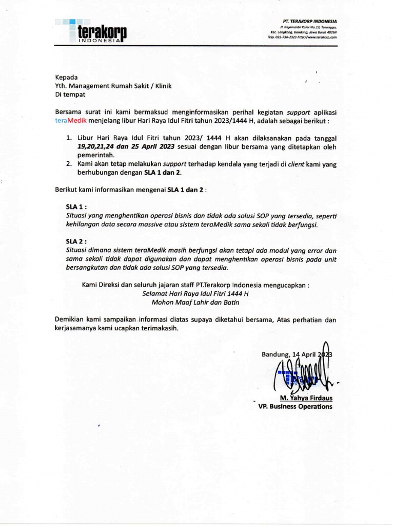 Surat Libur Lebaran 2023 - PT Terakorp Indonesia | PDF