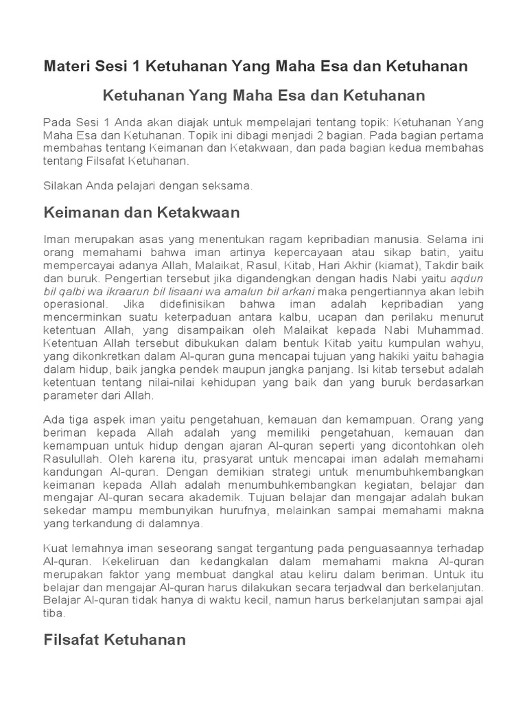 Materi Sesi 1 Ketuhanan Yang Maha Esa Dan Ketuhanan | PDF